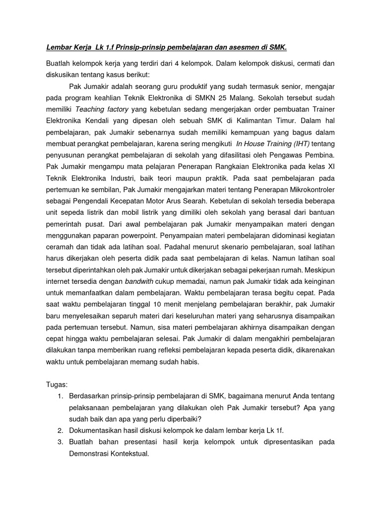 Lembar Kerja LK 1.f Prinsip-Prinsip Pembelajaran Dan Asesmen Di SMK. - Mutiara TF | PDF