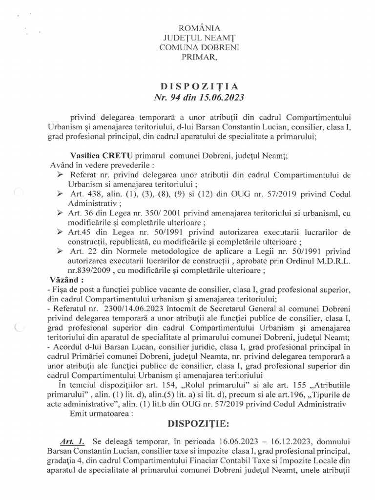 Dispozitia Delegare Atributii-Urbanism | PDF