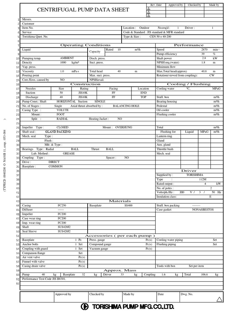 CEN 50 × 40-200 Diesel Pumpset Data | PDF | Pump | Energy Technology
