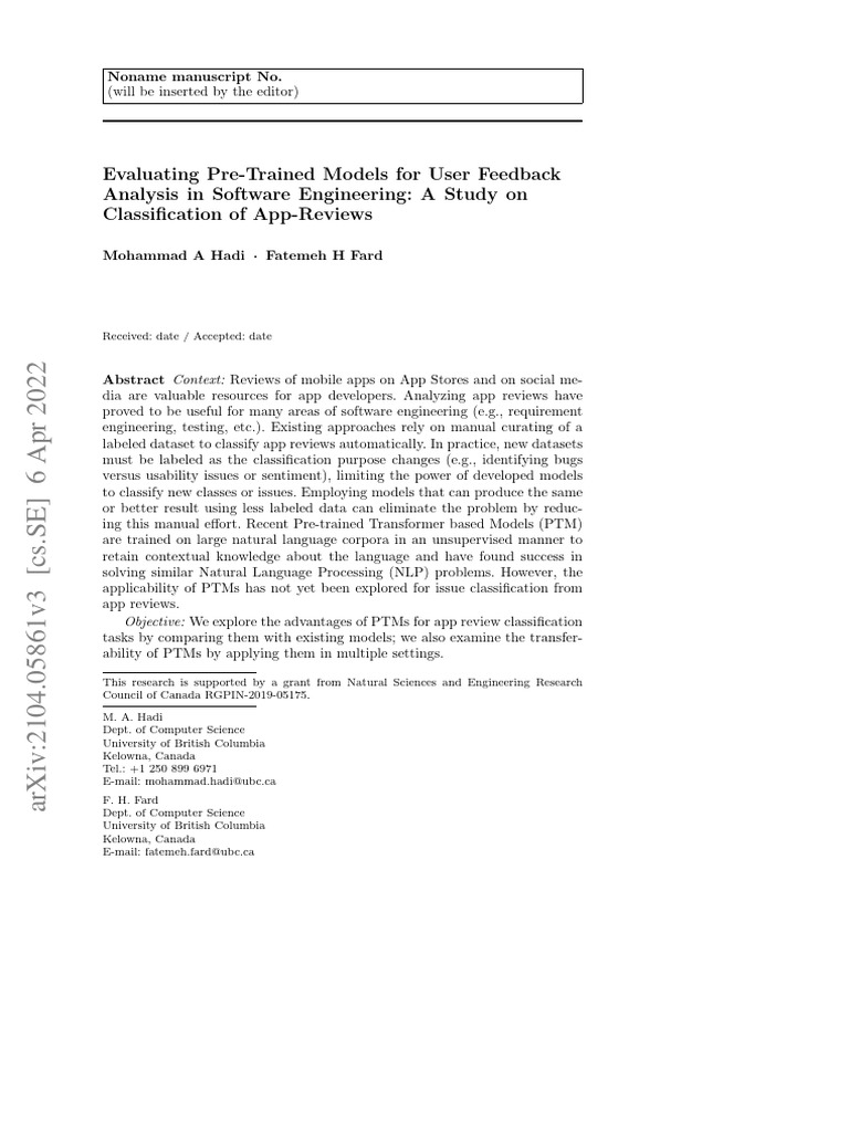 Evaluating Pre-Trained Models For User Feedback Analysis in Software Engineering: A Study On ...