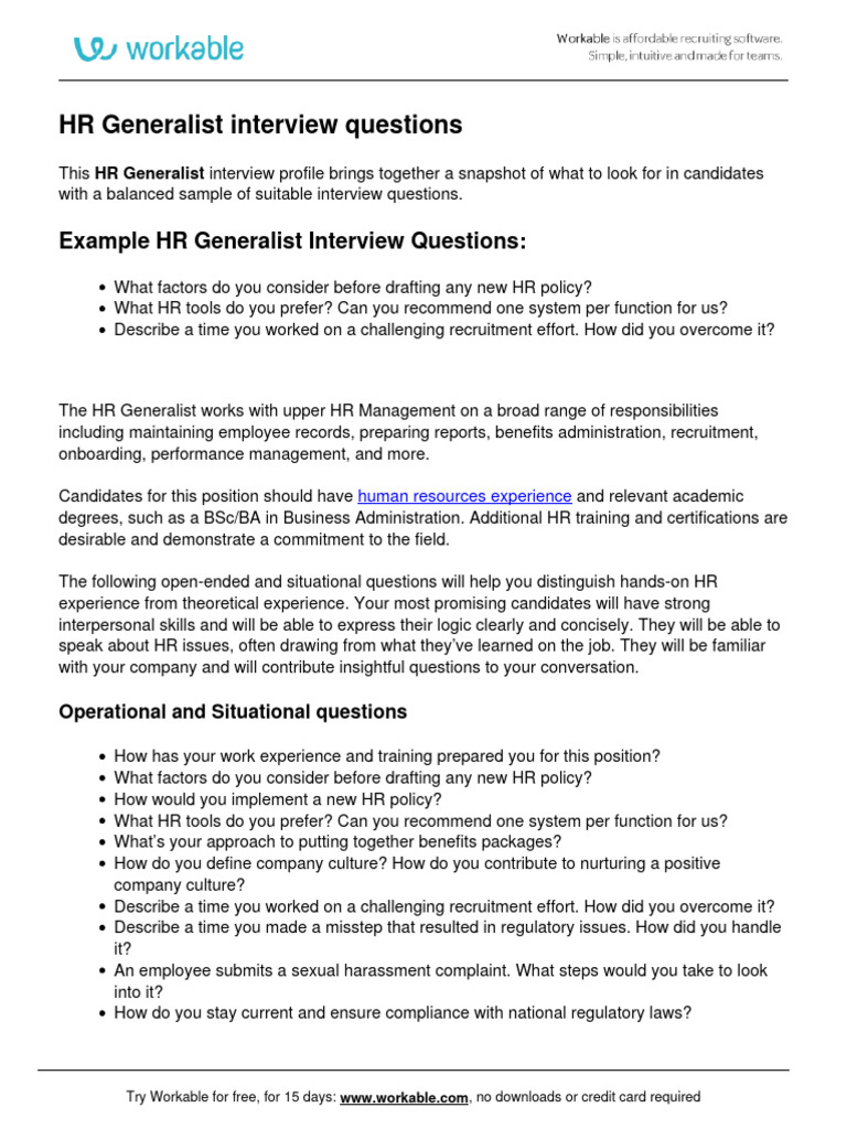 HR Generalist Interview Questions | PDF | Recruitment | Employment