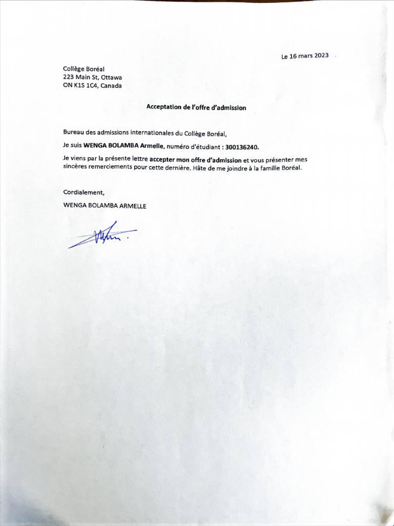 Lettre D'acceptation de L'offre D'admission | PDF