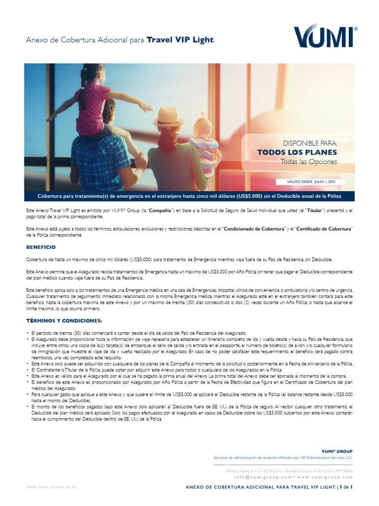 VUMI Anexo de Cobertura Adicional Travel VIP Light0 | PDF | Póliza de ...