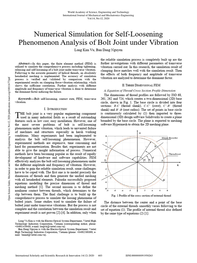 Numerical Simulation For Self Loosening Phenomenon Analysis of Bolt Joint Under Vibration | PDF ...