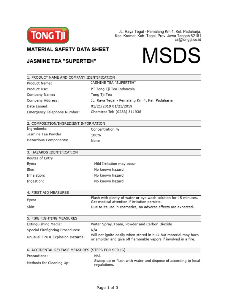 MSDS Jasmine Tea Superteh | PDF | Hazards | Firefighting