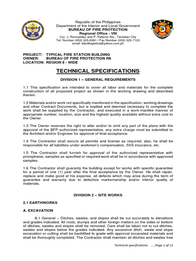 Technical Specifications Construction of Fire Station | Download Free PDF | Plumbing | Concrete