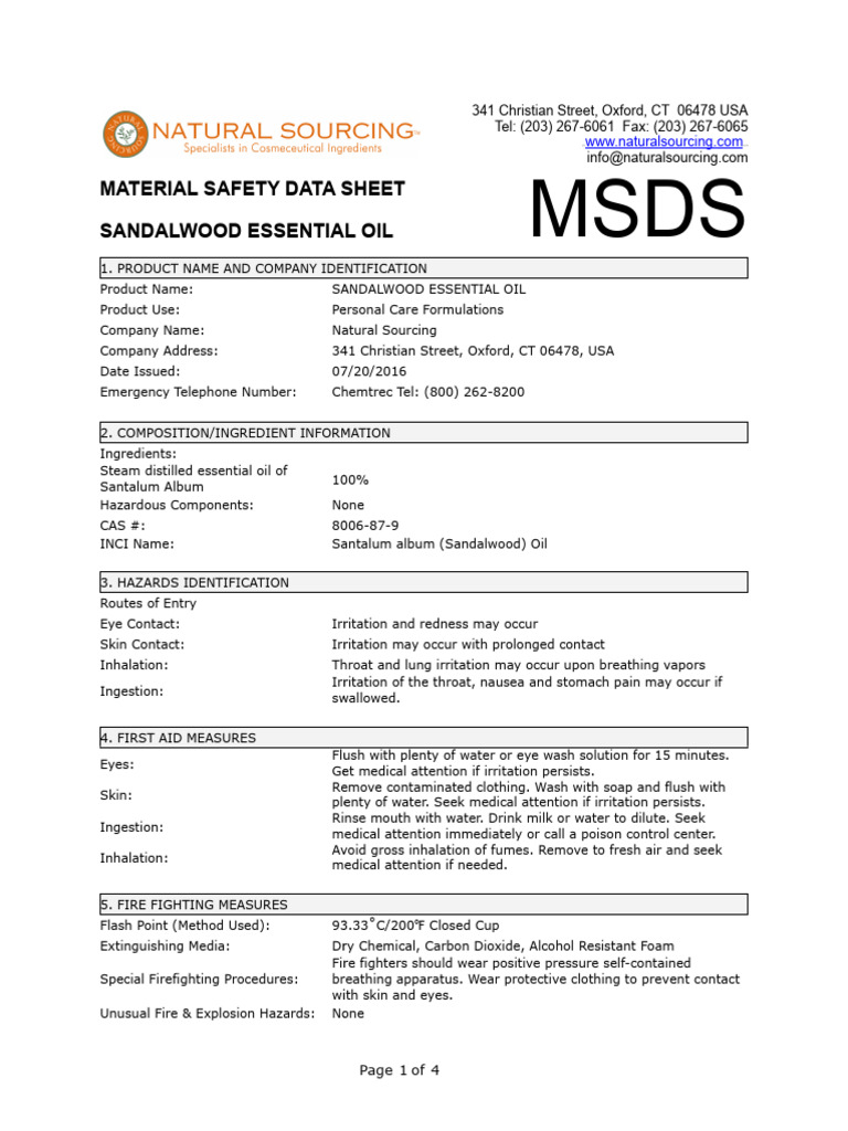 Sandalwood Essential Oil MSDS Guide | PDF | Combustion | Water