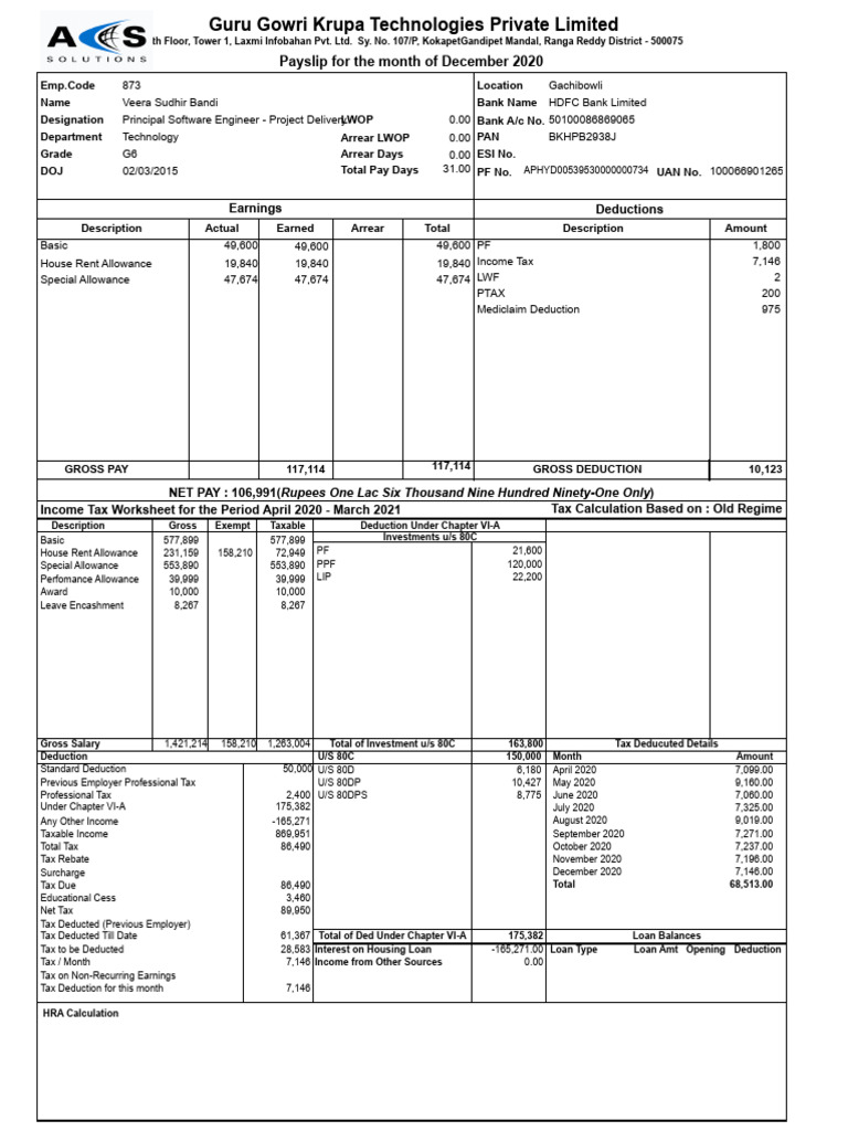 Payslip For The Month of December 2020: Earnings Deductions | PDF