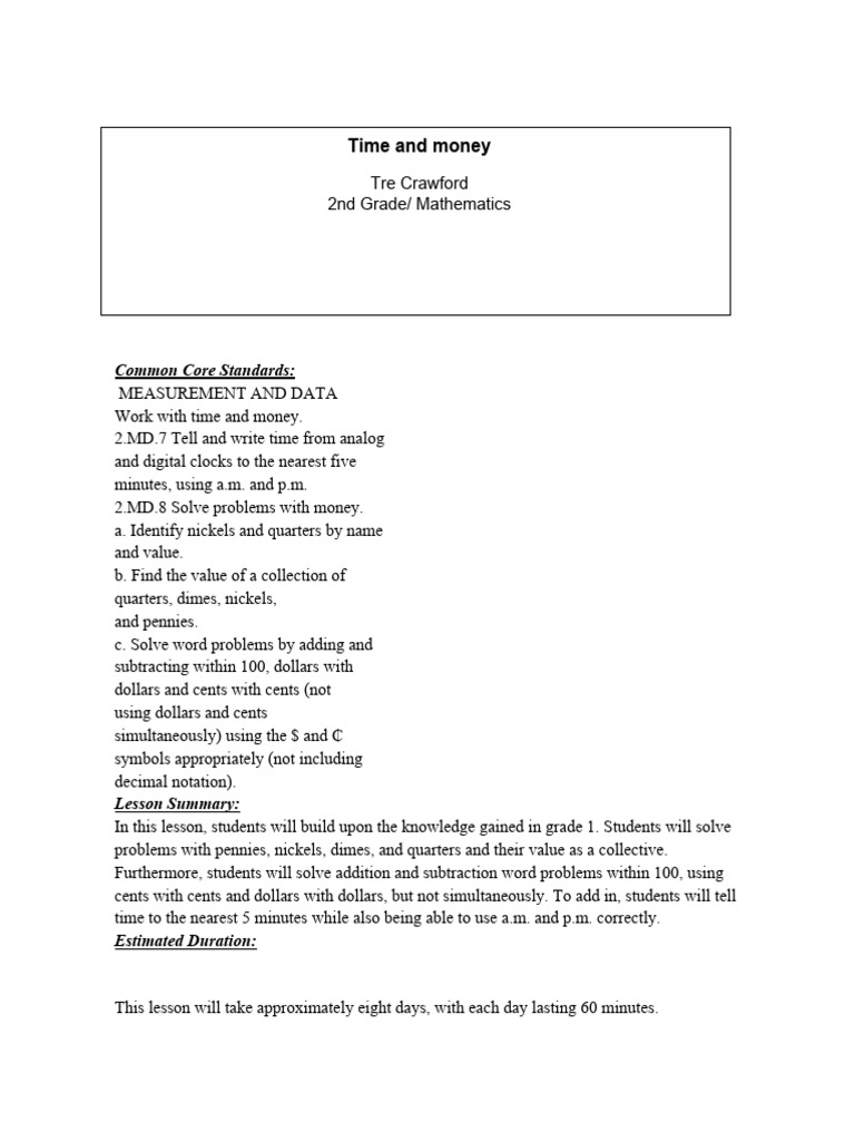 Time and Money Lesson Plan for 2nd Grade | PDF | Differentiated ...