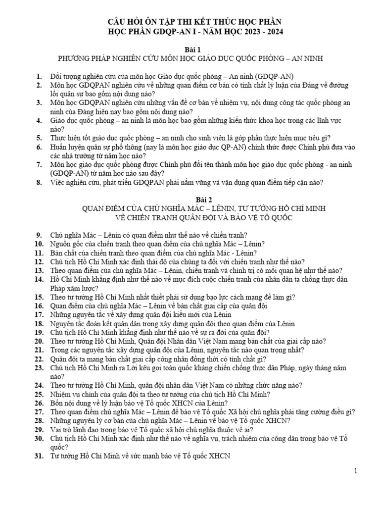 Câu hỏi ôn tập HP1 | PDF