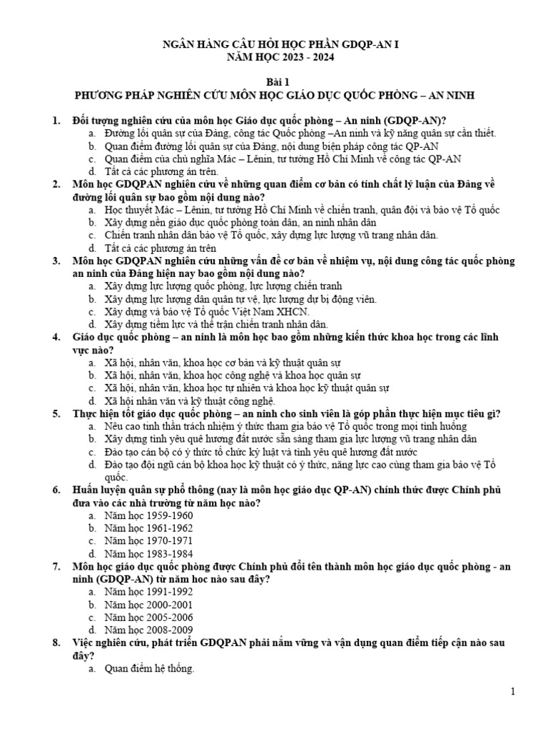 NGÂN HÀNG CÂU HỎI HP GDQPAN 1 2023 2024 | PDF