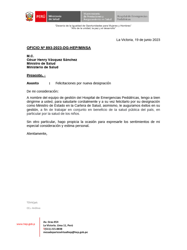 OFICIO Felicitaciones Por Nueva Designación | PDF