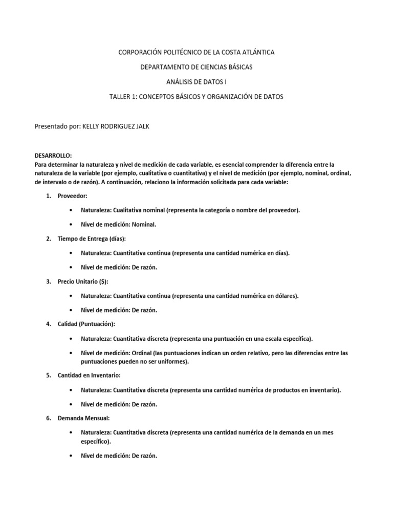 Taller 1 Conceptos Básicos y Organización de Datos | PDF | Nivel de medida | Investigación ...