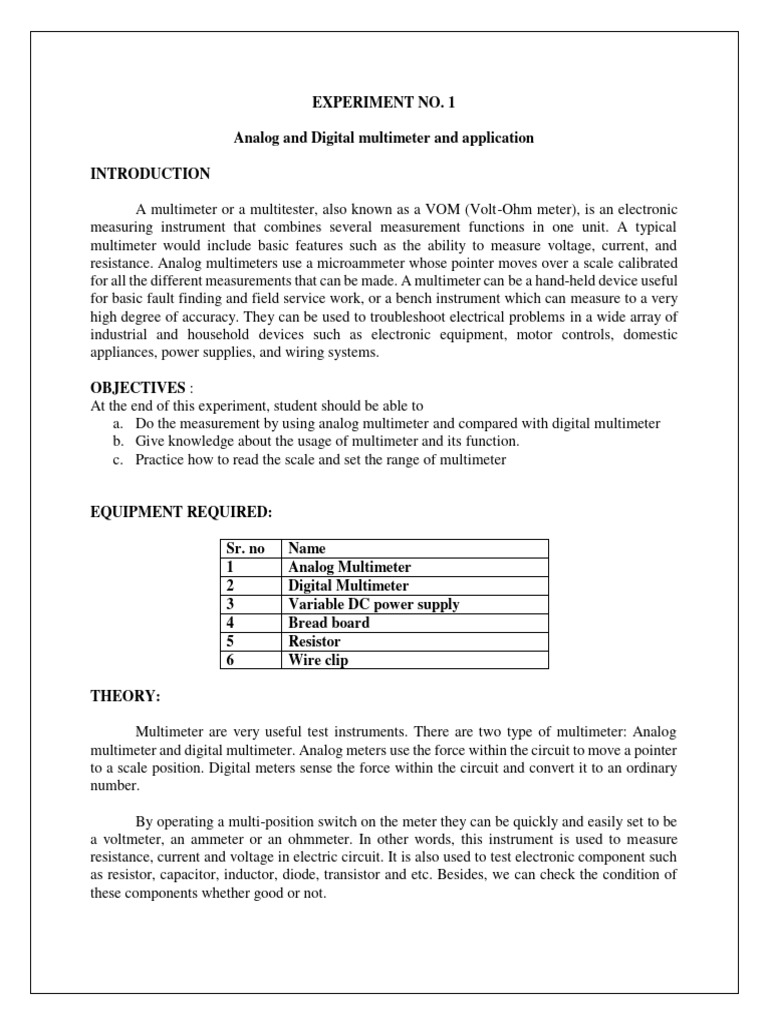 Experiment No 1 Pdf Electrical Equipment Manufactured Goods