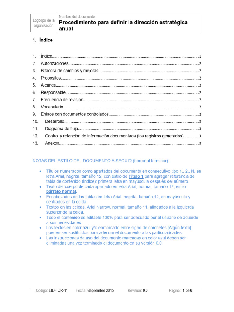 00-Procedimiento para Definir La Dirección Estrategica de La Organización | PDF | Planificación ...