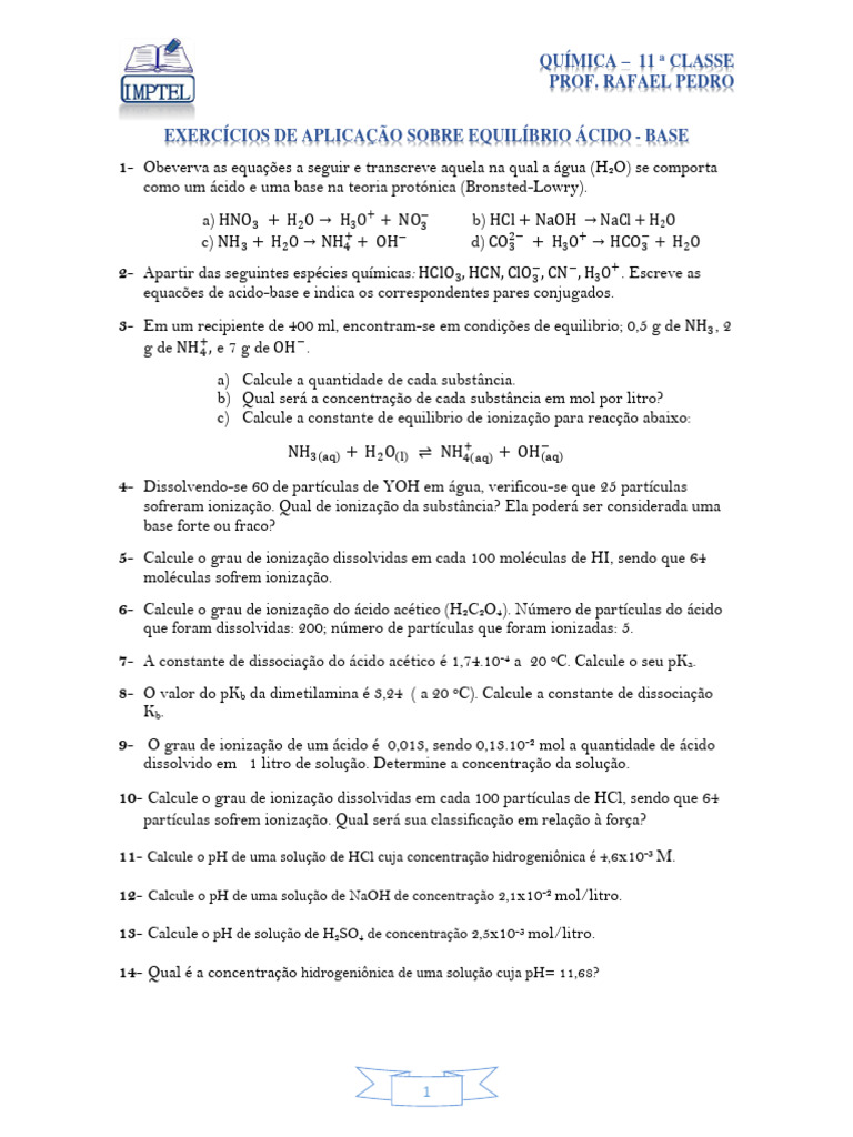 Exercicios Equilibrio ácido Base 11 1 Pdf Ph ácido