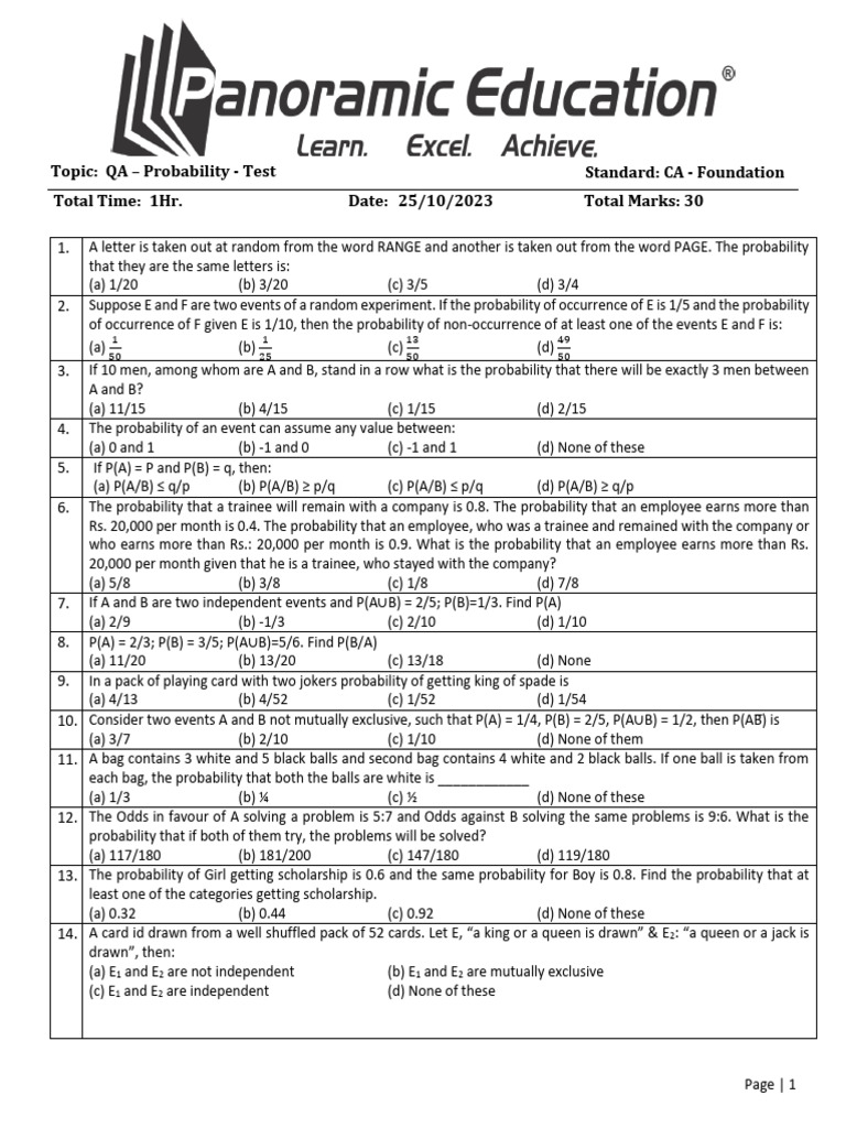 Foundation Dec 23 QA Probability Test | PDF | Odds | Probability