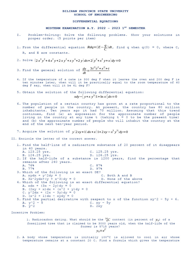 Midterm Examination Differential Equation | PDF | Equations ...