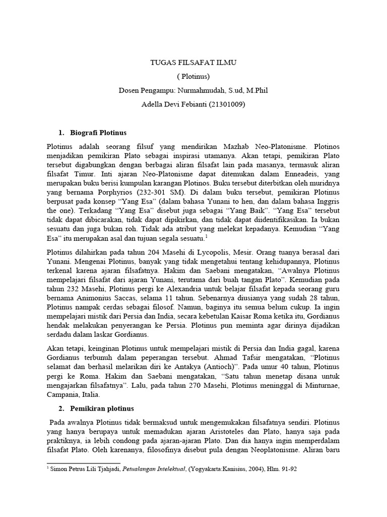 Biografi Dan Pemikiran Plotinus - Adella Devi Febianti - 21301009 - Filsafat Ilmu A | PDF | Filsafat
