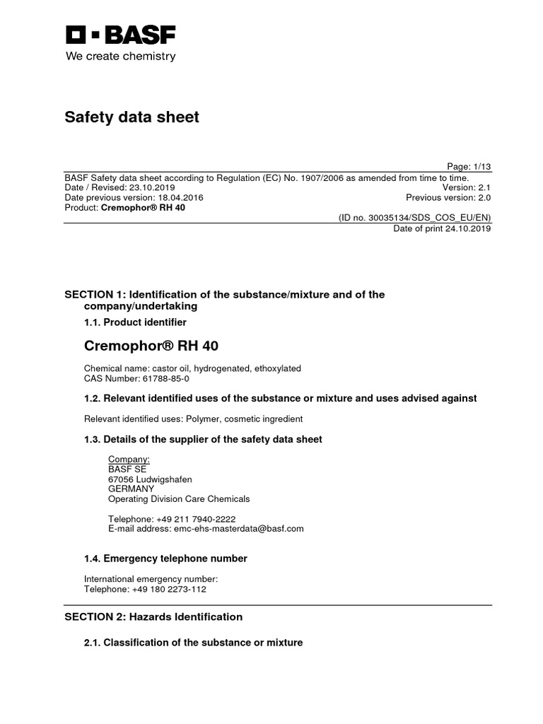 MSDS Cremophor RH40 | PDF | Dangerous Goods | Toxicity