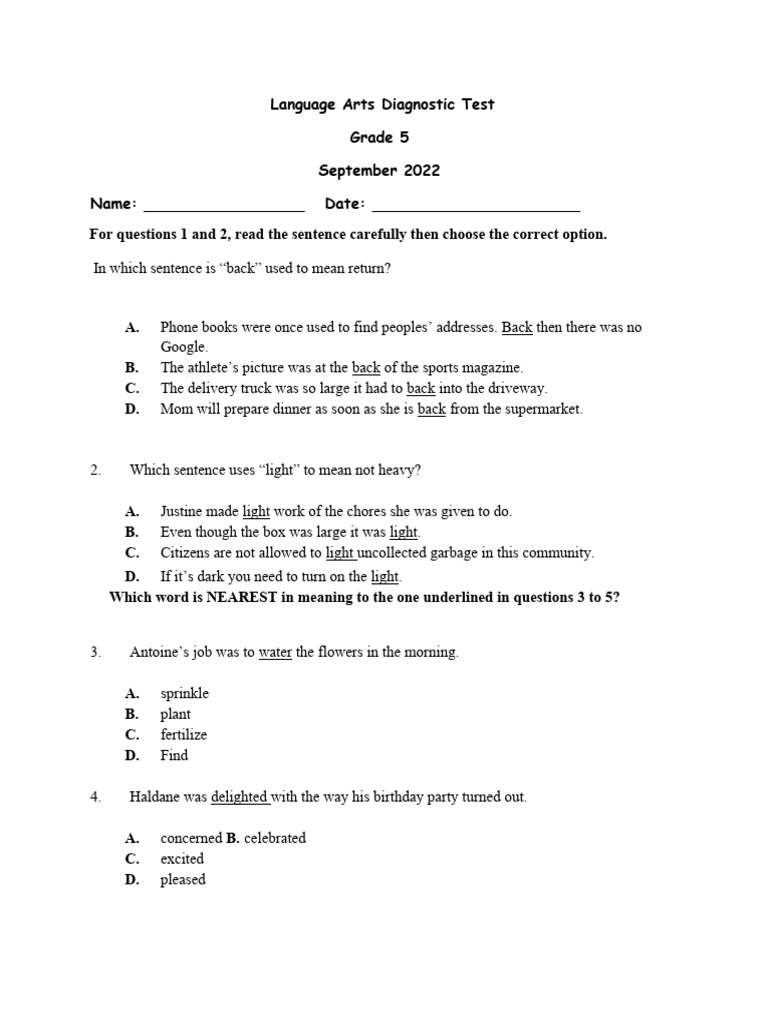Grade 5 Language Arts Diagnostic Test Form 2022 | PDF
