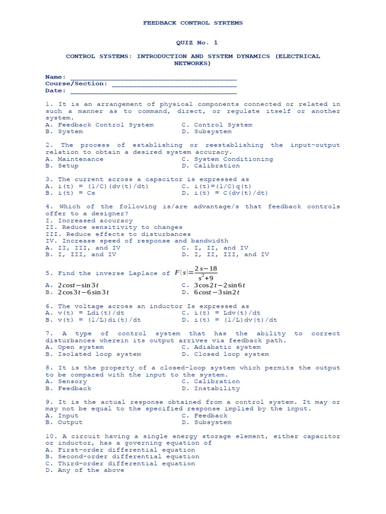 Quiz No.1 - Control Systems PDF | PDF | Control Theory | Electrical Network Quiz No.1 - Control Systems PDF | PDF | Control Theory | Electrical Network