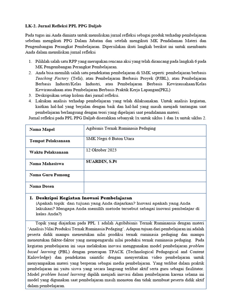 LK 2. Dan LK 3 Produk Refleksi Dan Best Practice PPL 1 Oleh SUARDIN | PDF