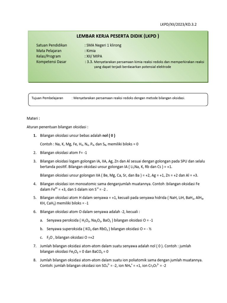 LKPD Penyetaraan Redoks Metode Biloks | PDF