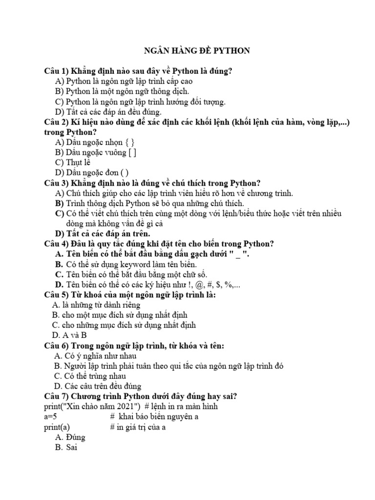 Ngân Hàng Đề Python | PDF