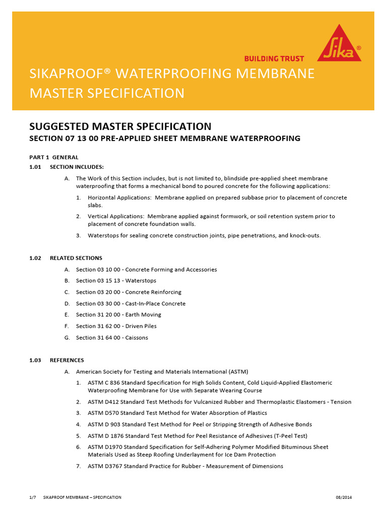 Sikaproof A - Suggested Master Specifications | PDF | Concrete ...