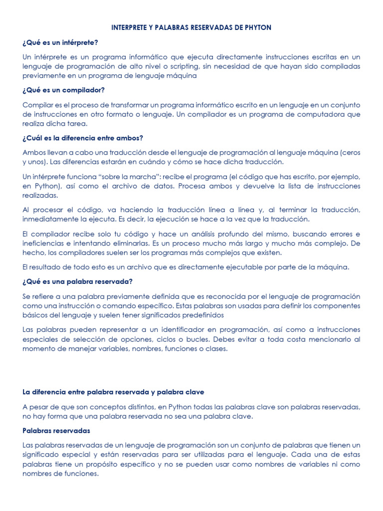 Interprete y Palabras Reservadas de Phyton | PDF | Lenguaje de ...