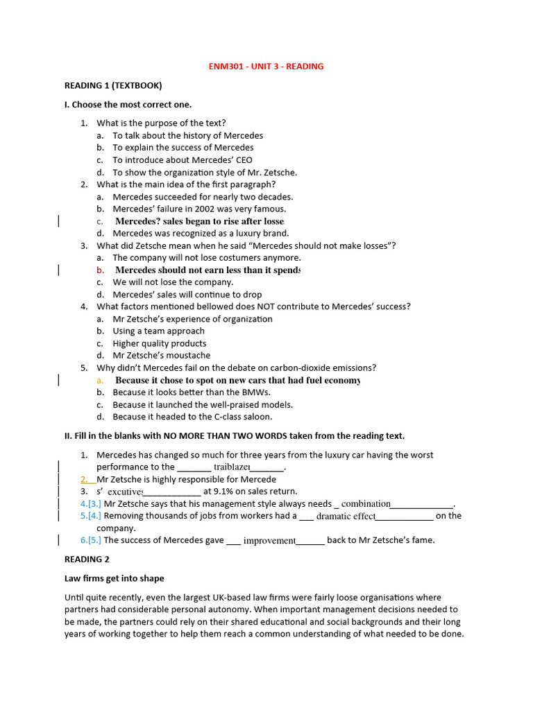 UNIT 3 - Reading & Listening Questions | PDF