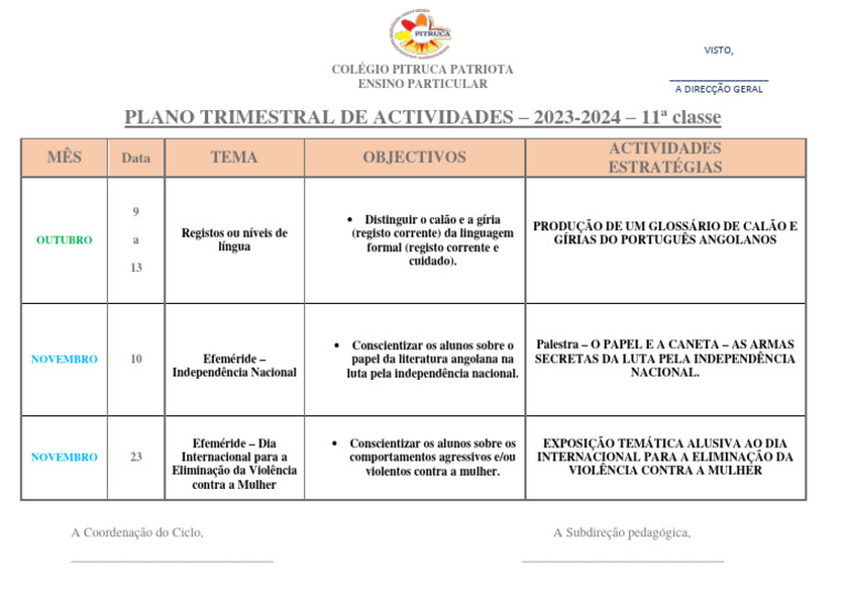 11 Plano de Actividade Trimestral 2023 - 2024 | PDF