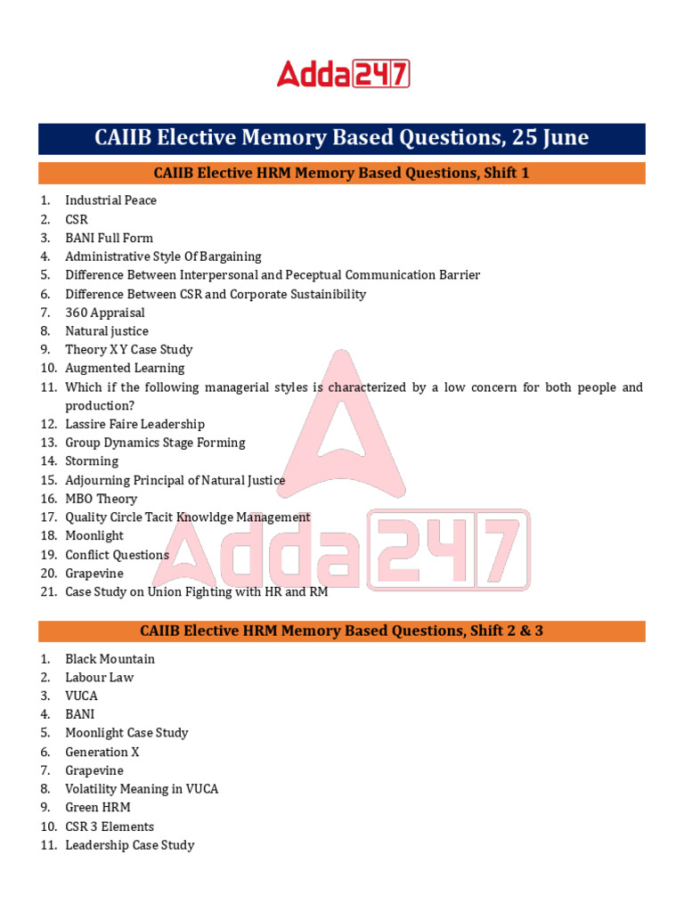 CAIIB Elective Memory Based Questions 2 1 | PDF | Bond Duration | Human Resource Management