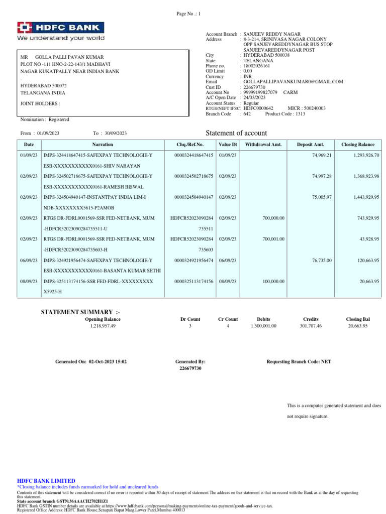 HDFC Bank Statement | PDF