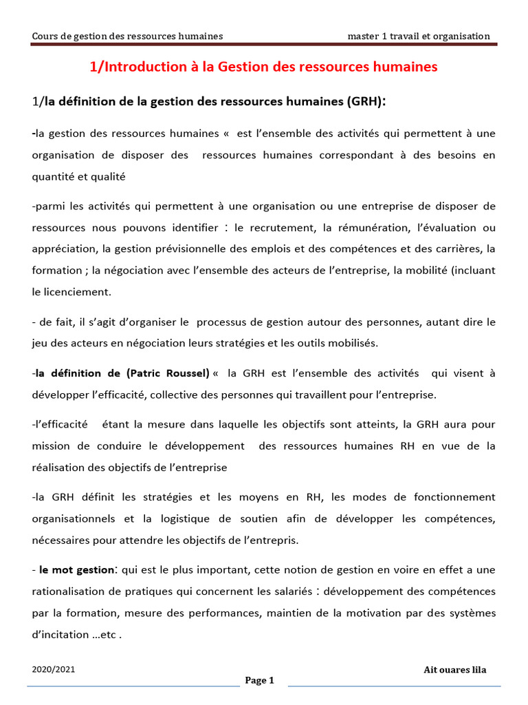 Cours Gestion Des Ressources Humaines | Download Free PDF | Gestion des ressources humaines ...