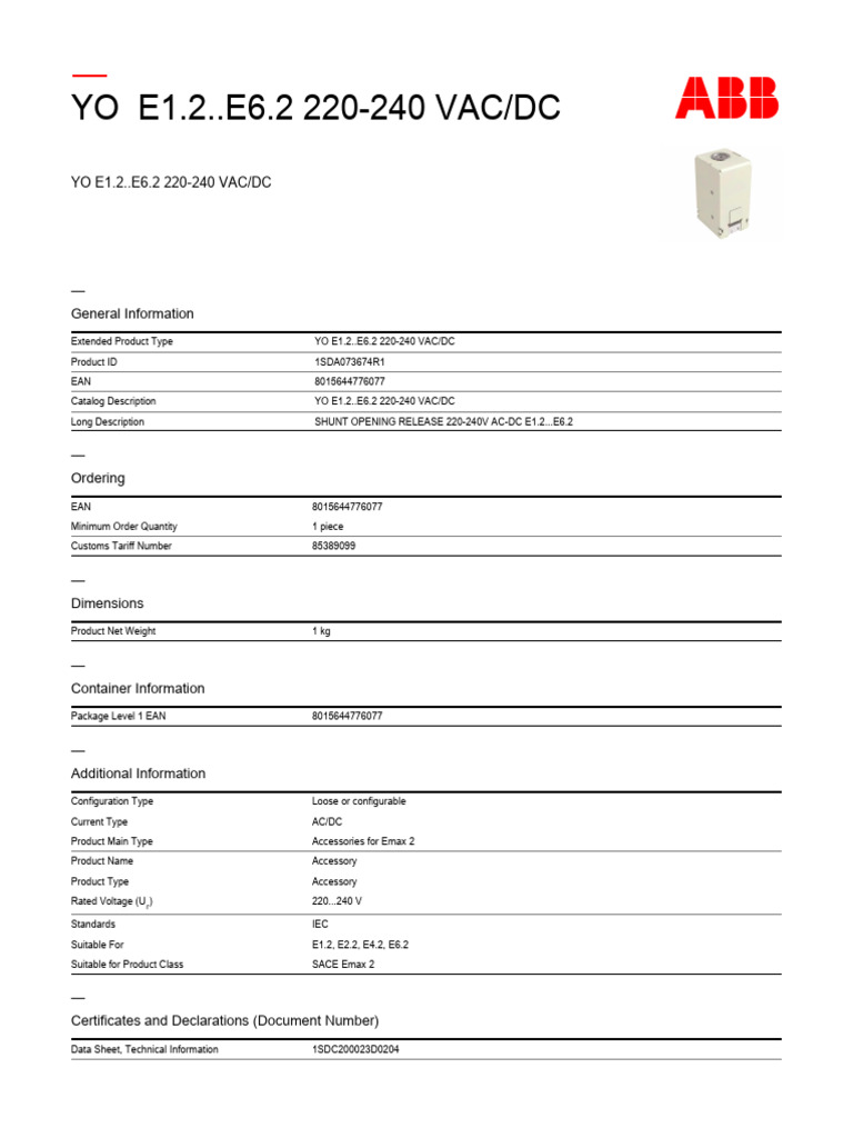 1SDA073674R1 Yo E1 2 E6 2 220 240 Vac DC | PDF