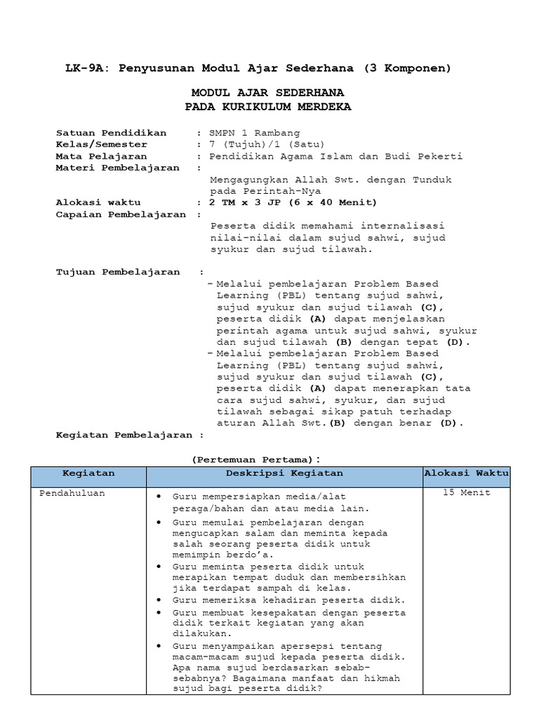 Tugas Modul Ajar Hari Senin Lk 9a Lk 9b Pdf