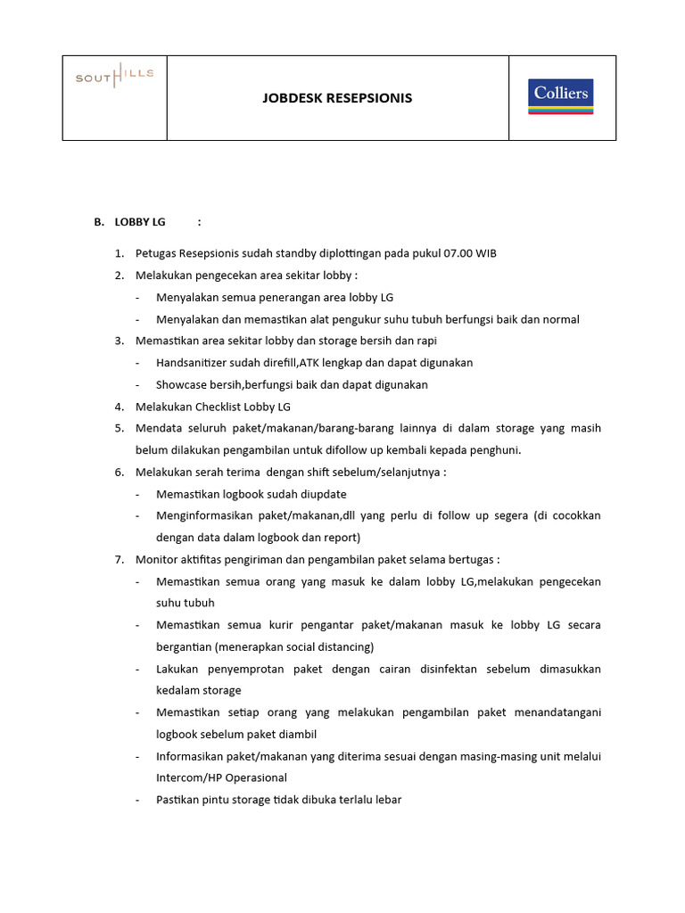 Jobdesk Resepsionis LG | PDF