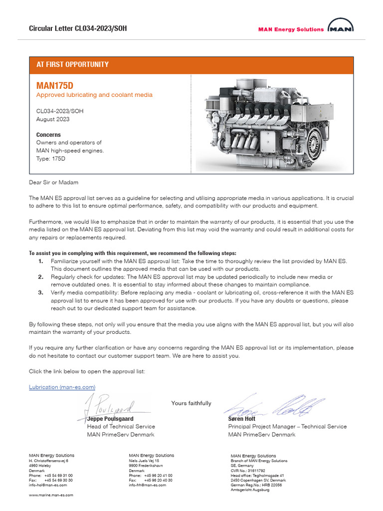 CL034-2023 - Approved Lubricating and Coolant Media | PDF