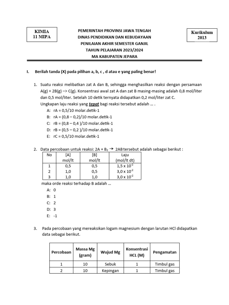 Ujian Kimia Kelas 11 MIPA | PDF