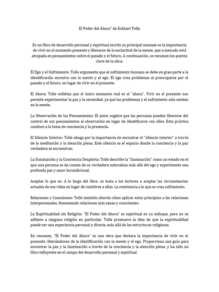 Resumen Del Libro: El Poder Del Ahora de Eckhart Tolle | PDF
