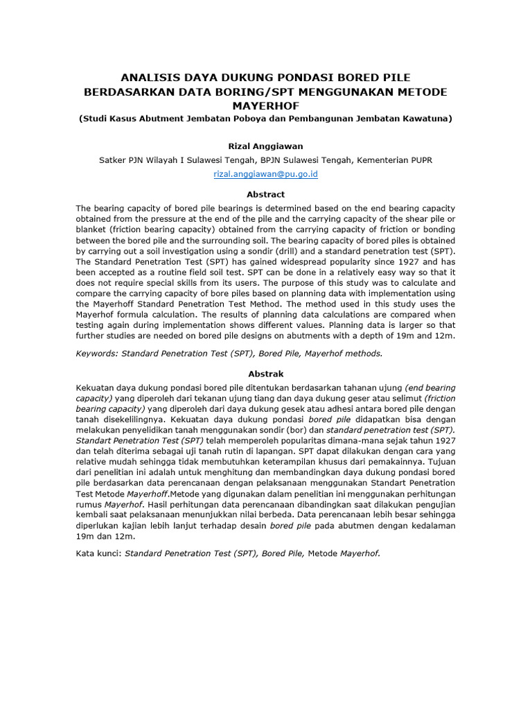 Analisis Daya Dukung Pondasi Bored Pile Berdasarkan Data Boring SPT Menggunakan Metode Mayerhof ...