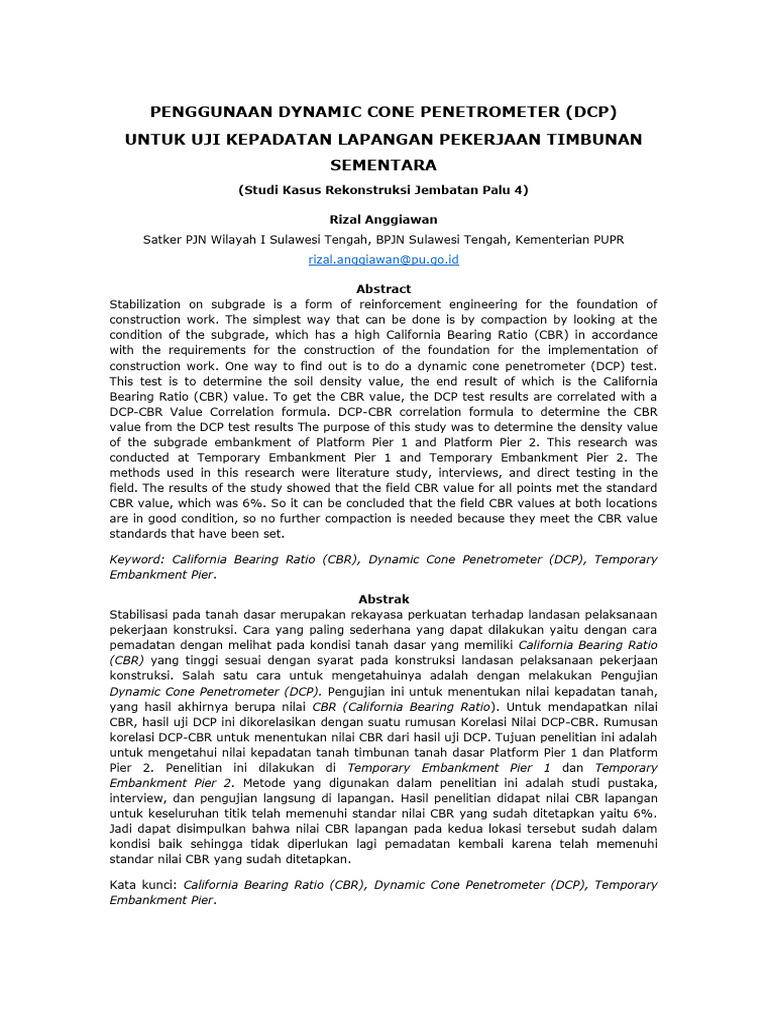 Penggunaan Dynamic Cone Penetrometer Dcp Untuk Uji Kepadatan Lapangan Pada Pekerjaan Timbunan