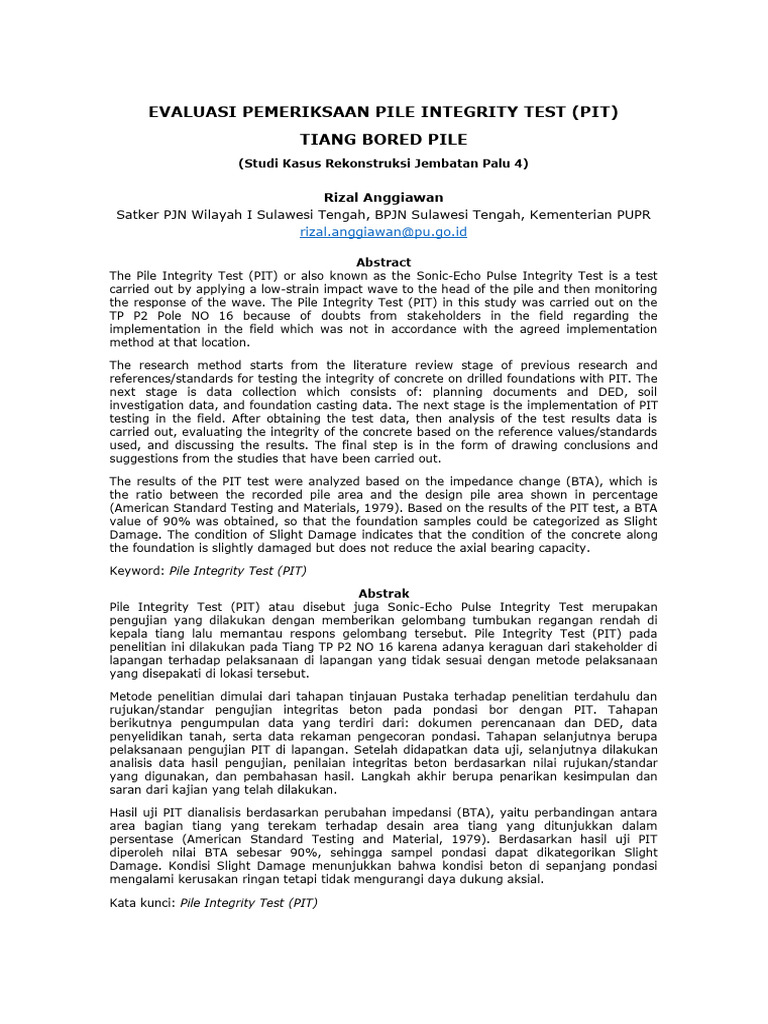 Evaluasi Pemeriksaan Pile Integrity Test (PIT) Tiang Bored Pile (Studi ...