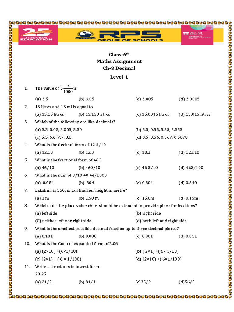 6th Class Maths Assignment Minor Test-5 | PDF | Mathematics | Arithmetic