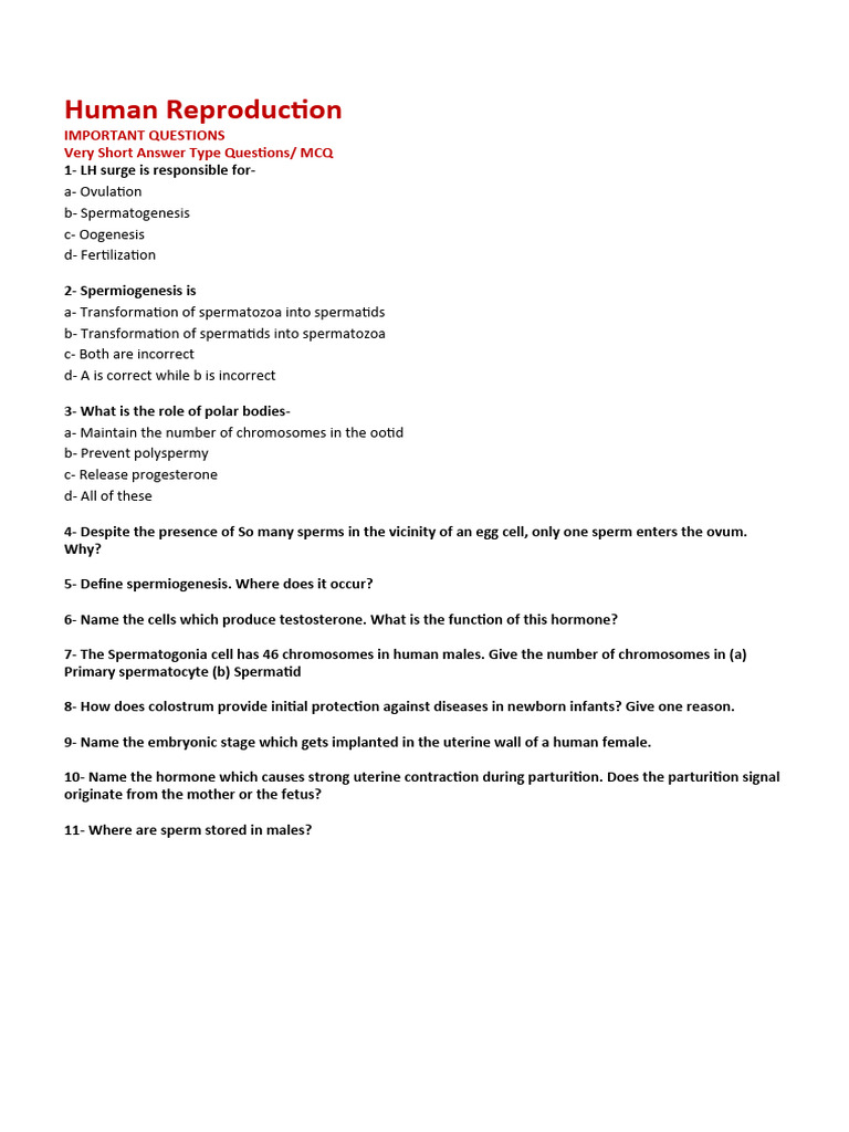 Chap 3. Human Reproduction Worksheet | PDF