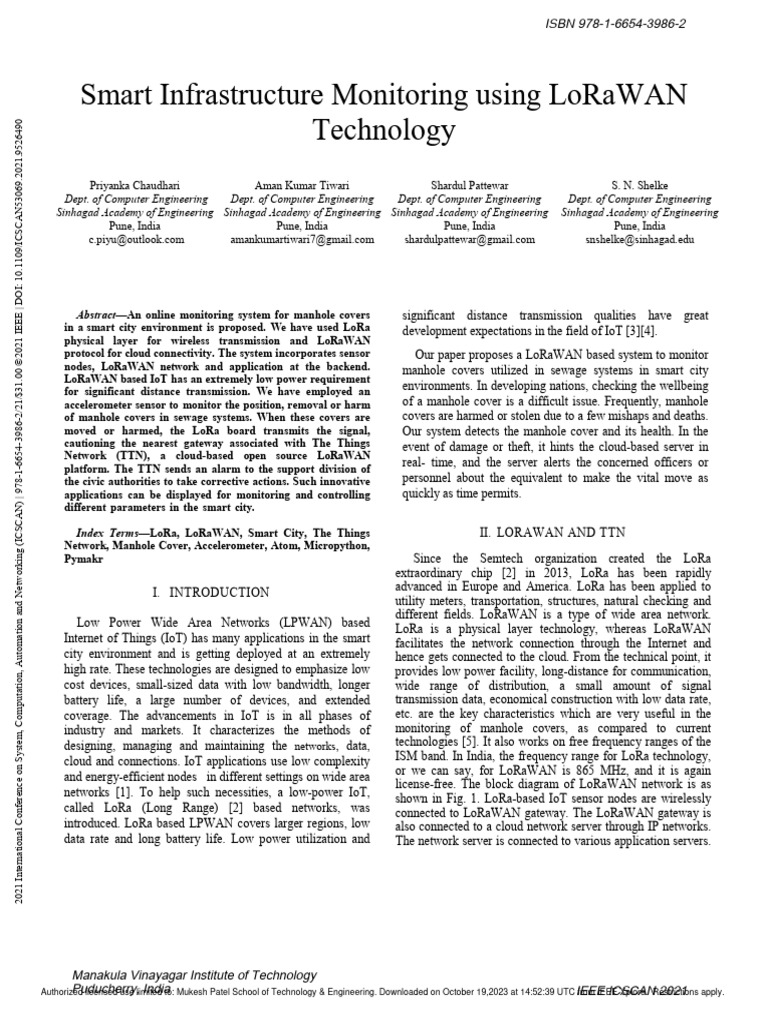 Smart Infrastructure Monitoring Using LoRaWAN Technology | PDF | Internet Of Things | Computer ...