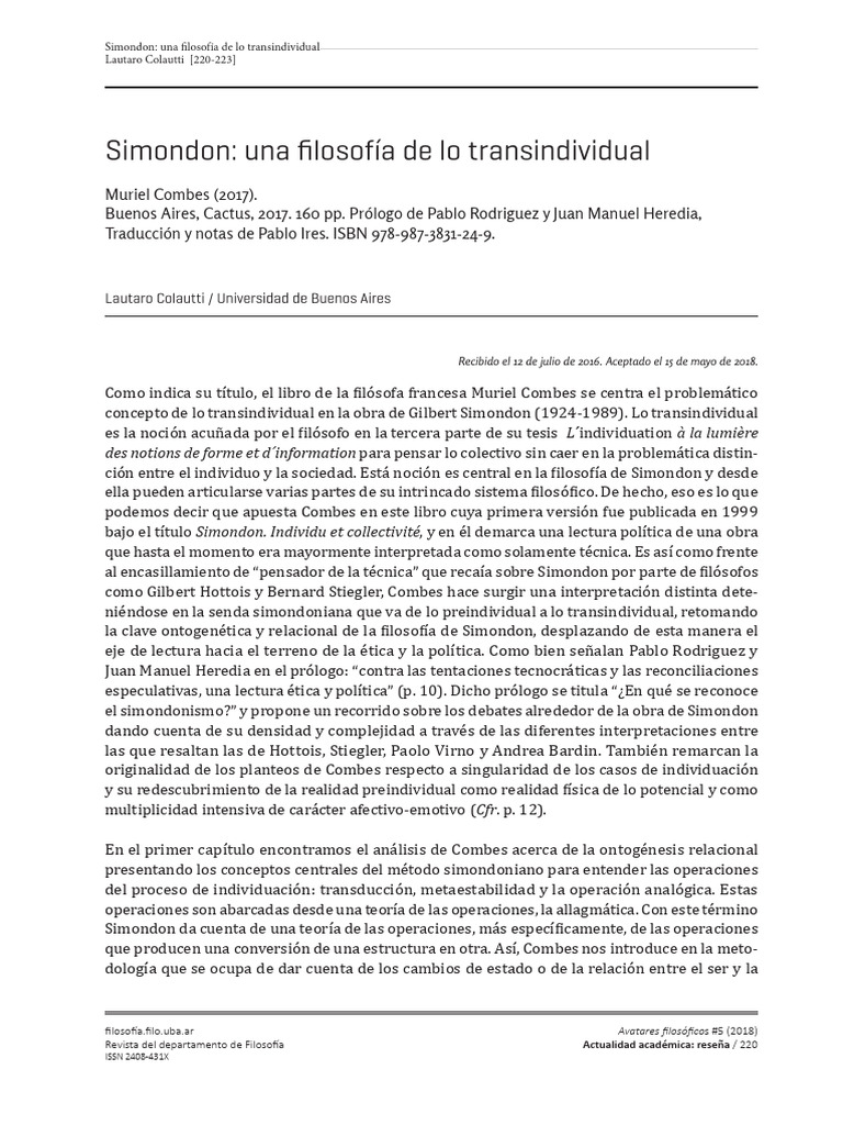 Simondon. Una Filosofía de Lo Transindividual | PDF | Karl Marx