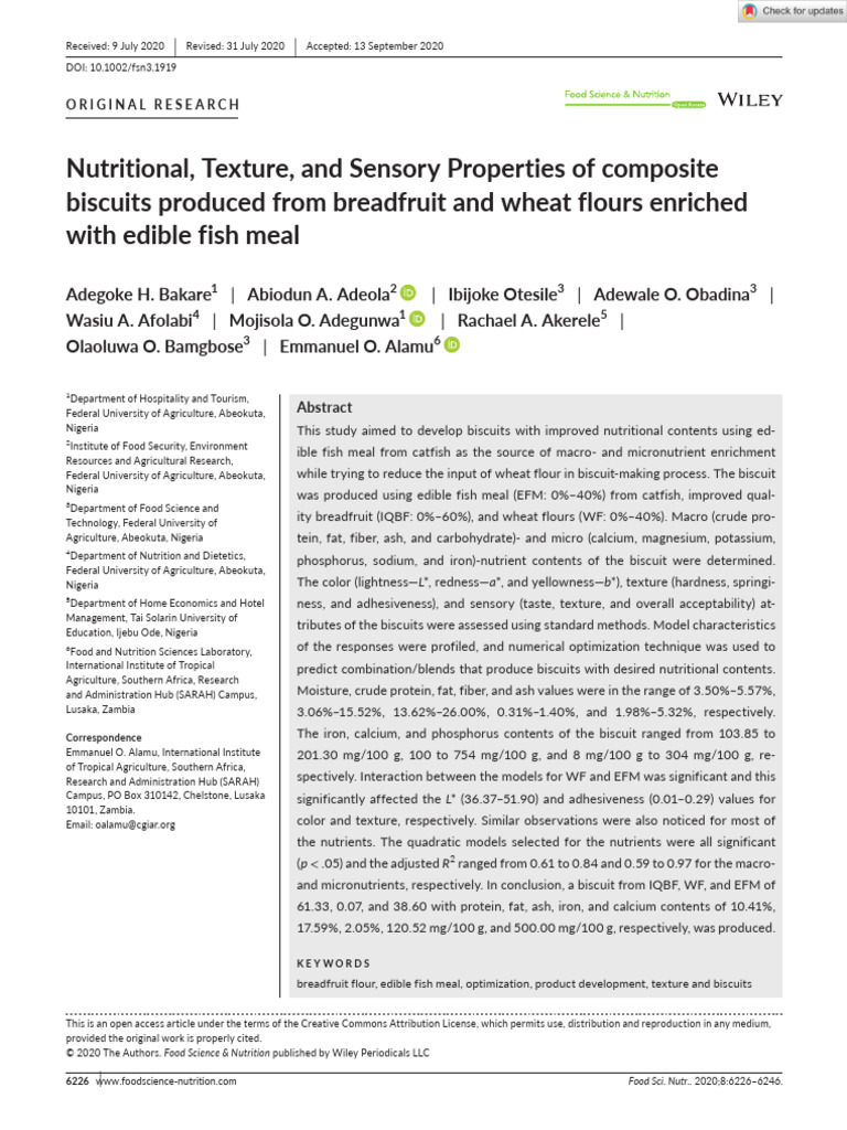 Food Science Nutrition - 2020 - Bakare - Nutritional Texture and Sensory Properties of Composite ...